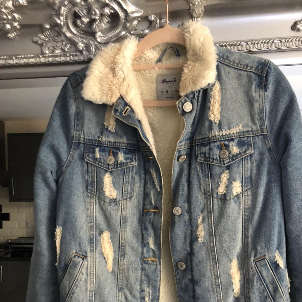 Denim jacket with faux fur in size UK 6 worn once.... - Depop