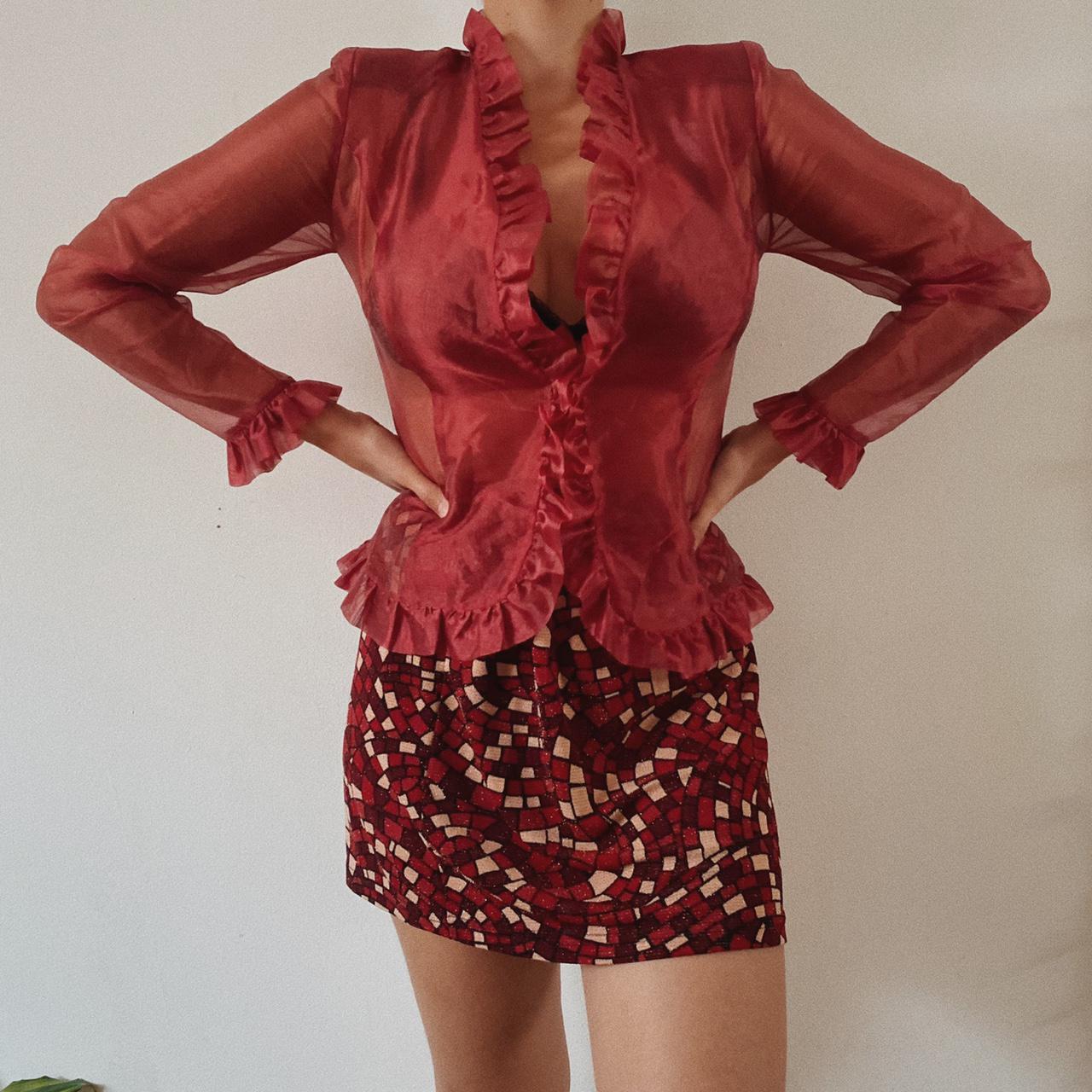 Really cute vintage red sheer ruffled one button... | Depop