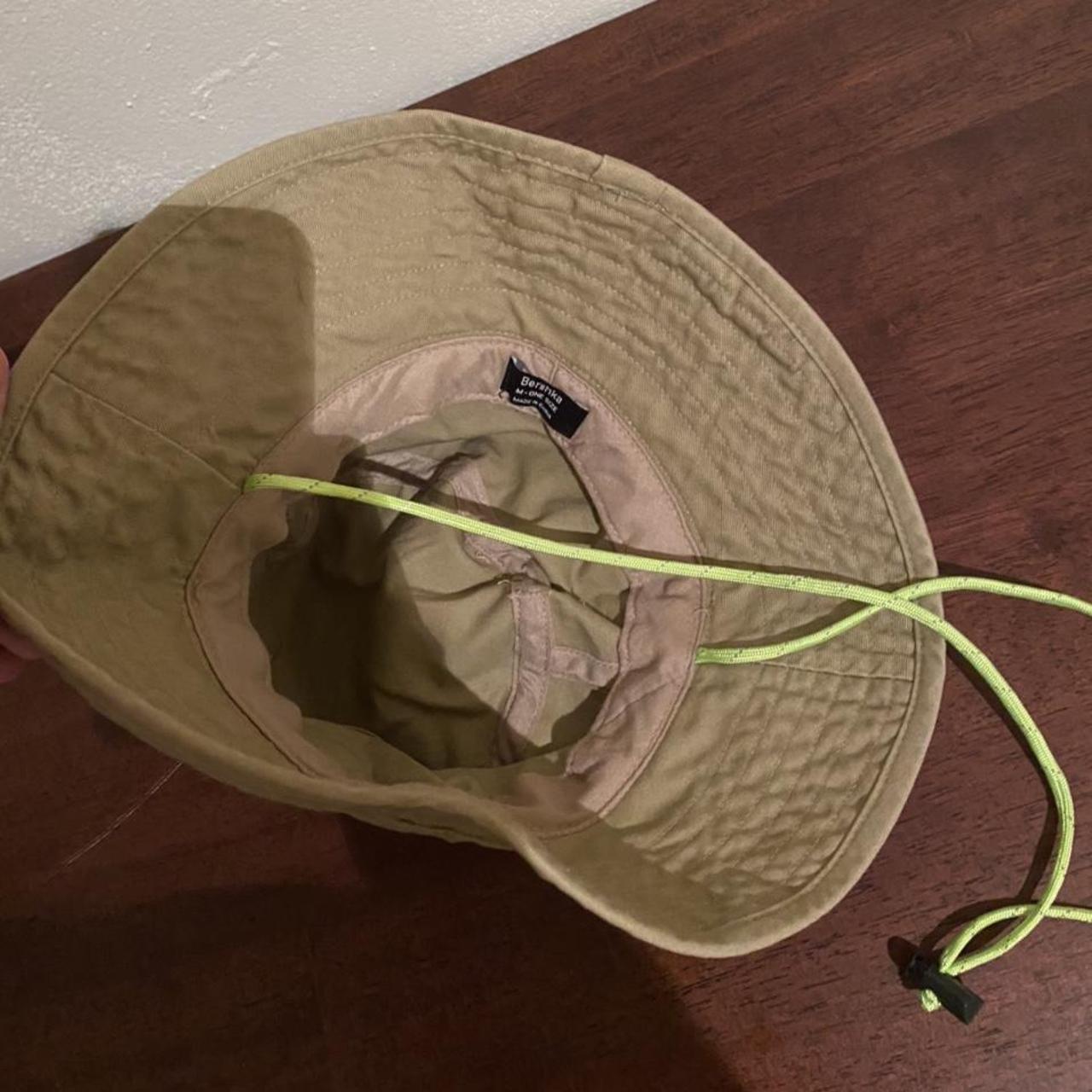 Khaki bucket hat with neon green drawstring - Depop