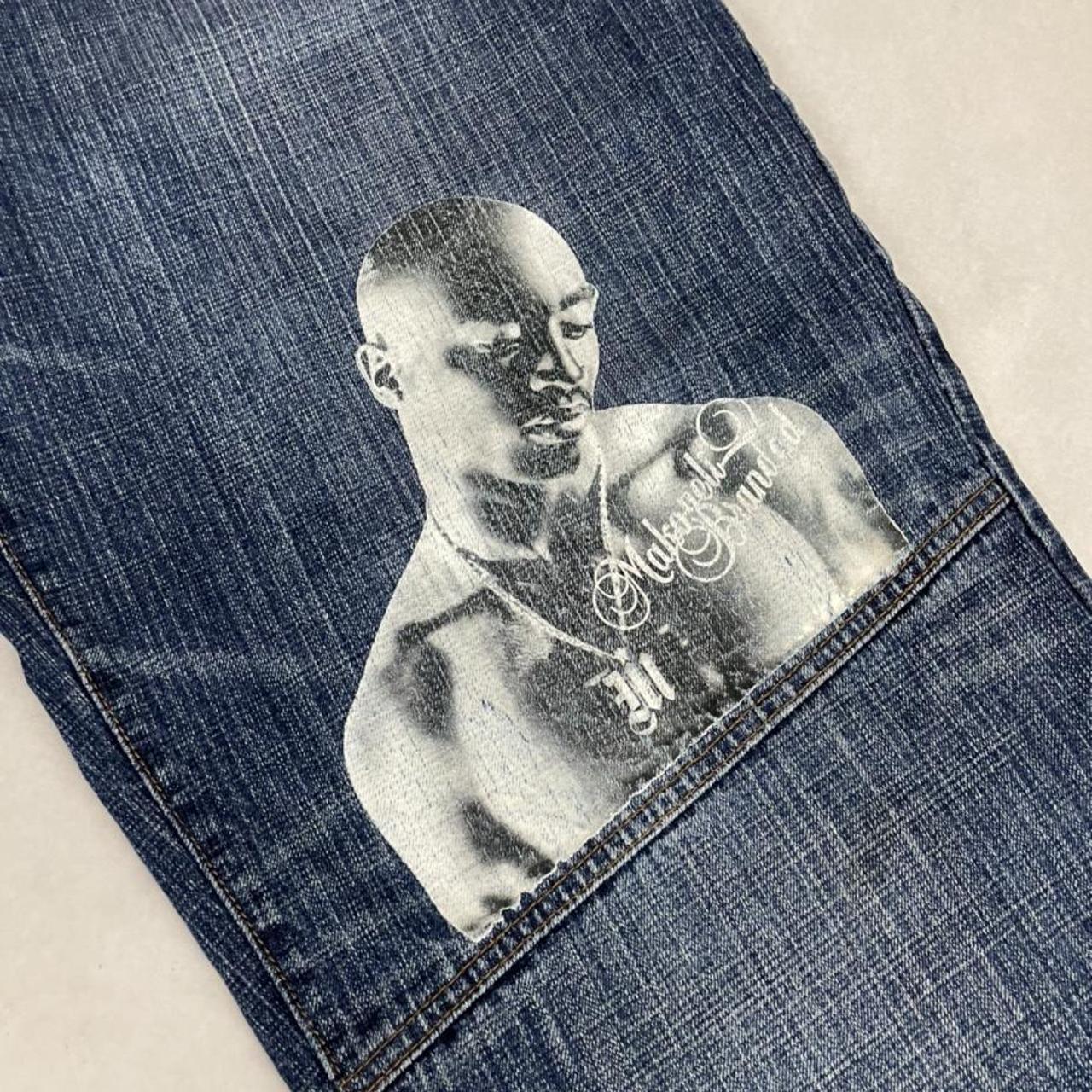 Y2K vintage dark wash denim patchwork Tupac baggy... - Depop