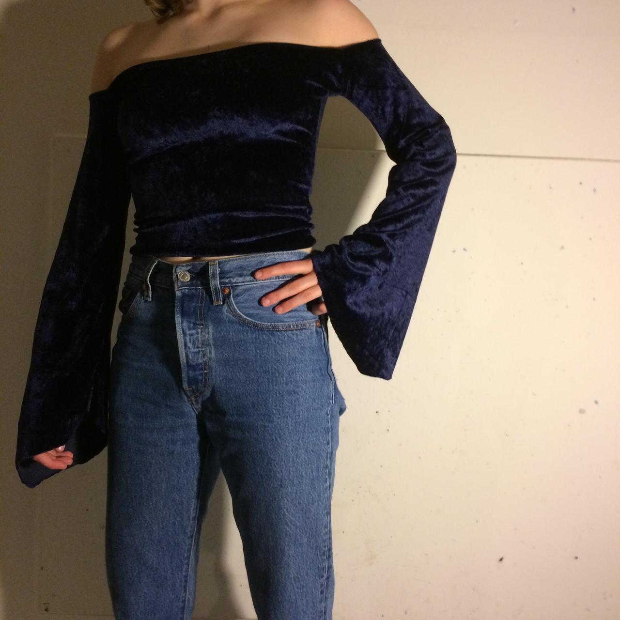 Off the shoulder dark blue velvet top with flared... - Depop