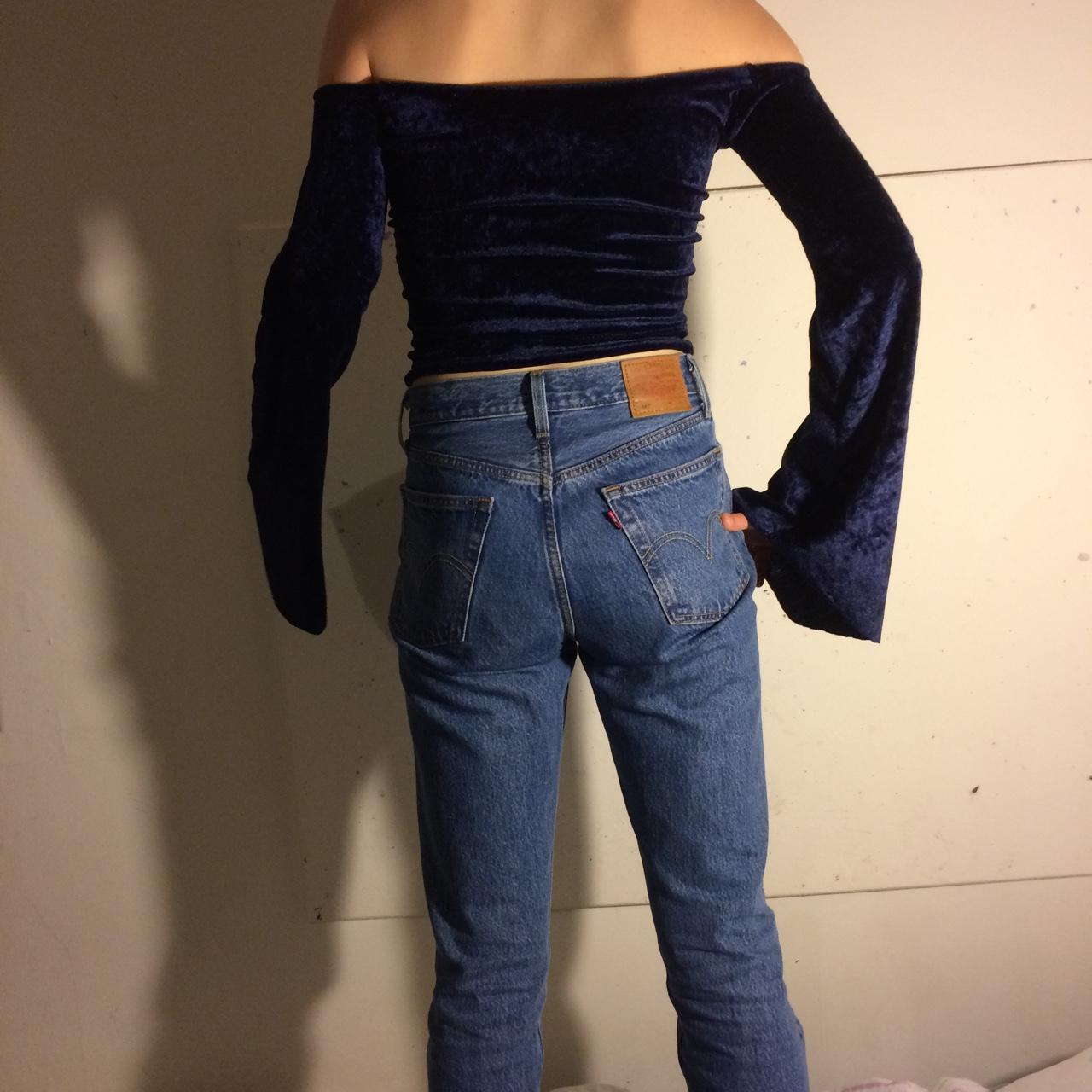 Off the shoulder dark blue velvet top with flared... - Depop