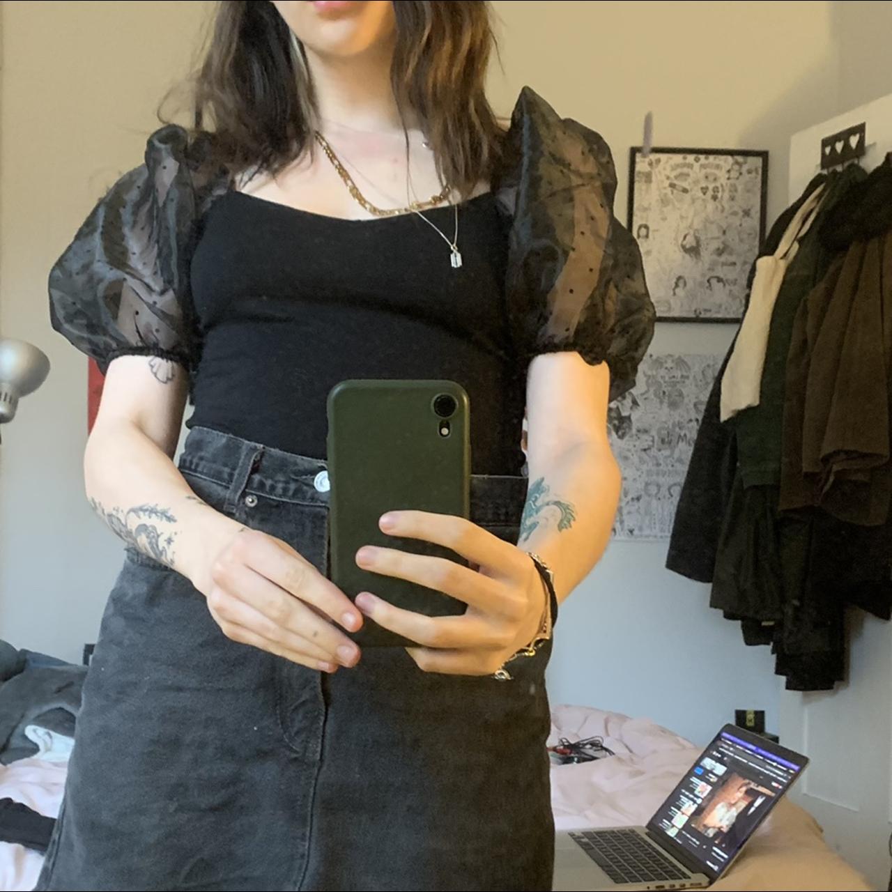 Black monki top with short puff organza sleeves... - Depop