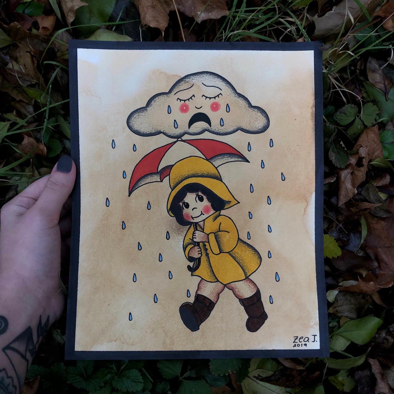 Crying rain cloud umbrella kewpie for tattoo flash.... - Depop