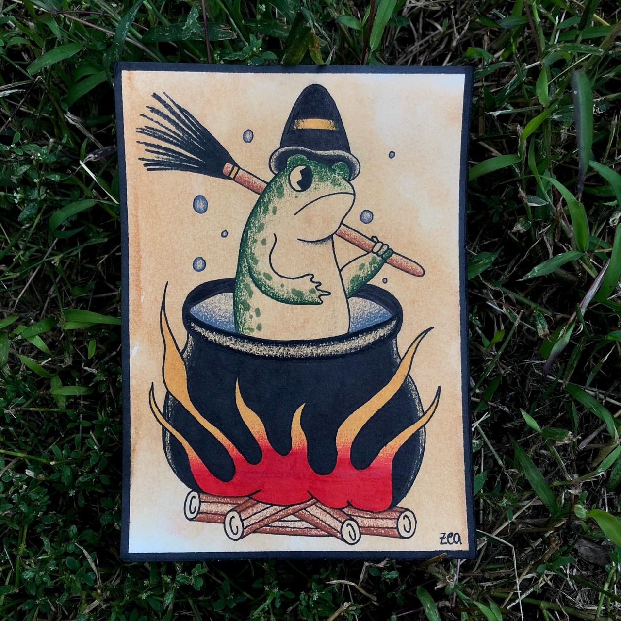 Frog witch in a cauldron tattoo flash. 5” x 7” in... - Depop