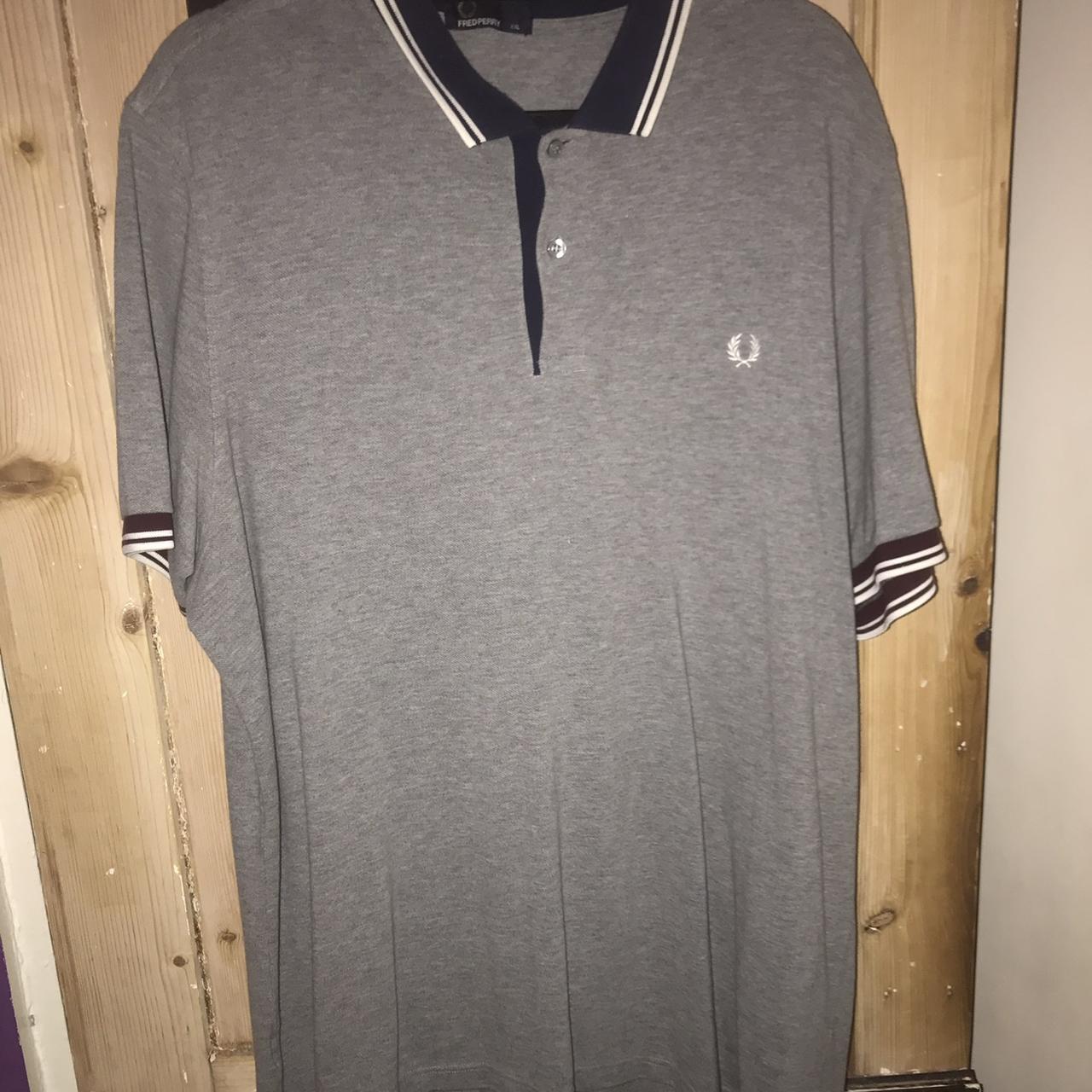 Fred Perry grey shirt with burgundy arm... - Depop