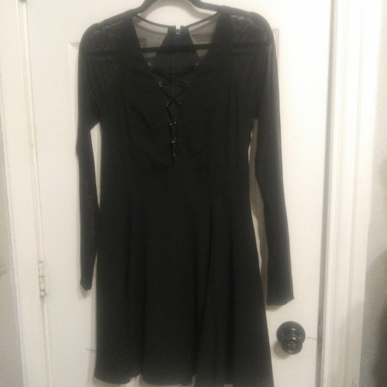 Express black dress with tie up front. Mesh sleeves.... - Depop