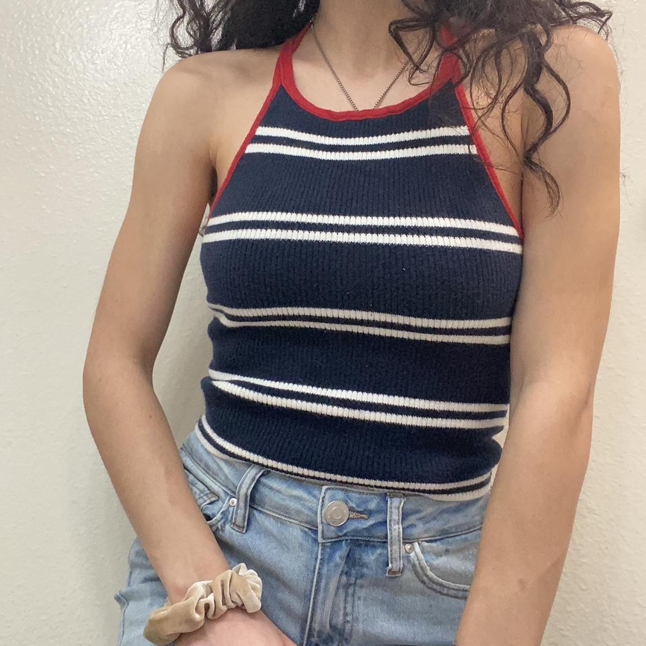 cute striped knit halter top with cross back... - Depop