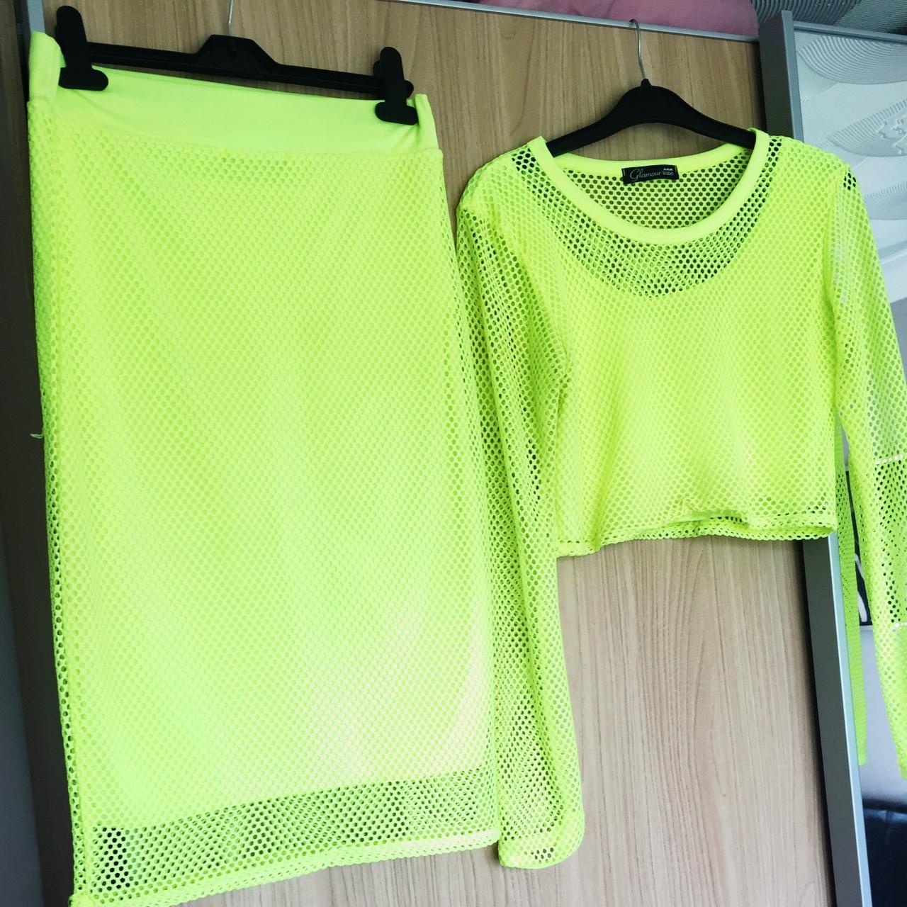 Bright yellow mesh two piece only worn twice in... - Depop