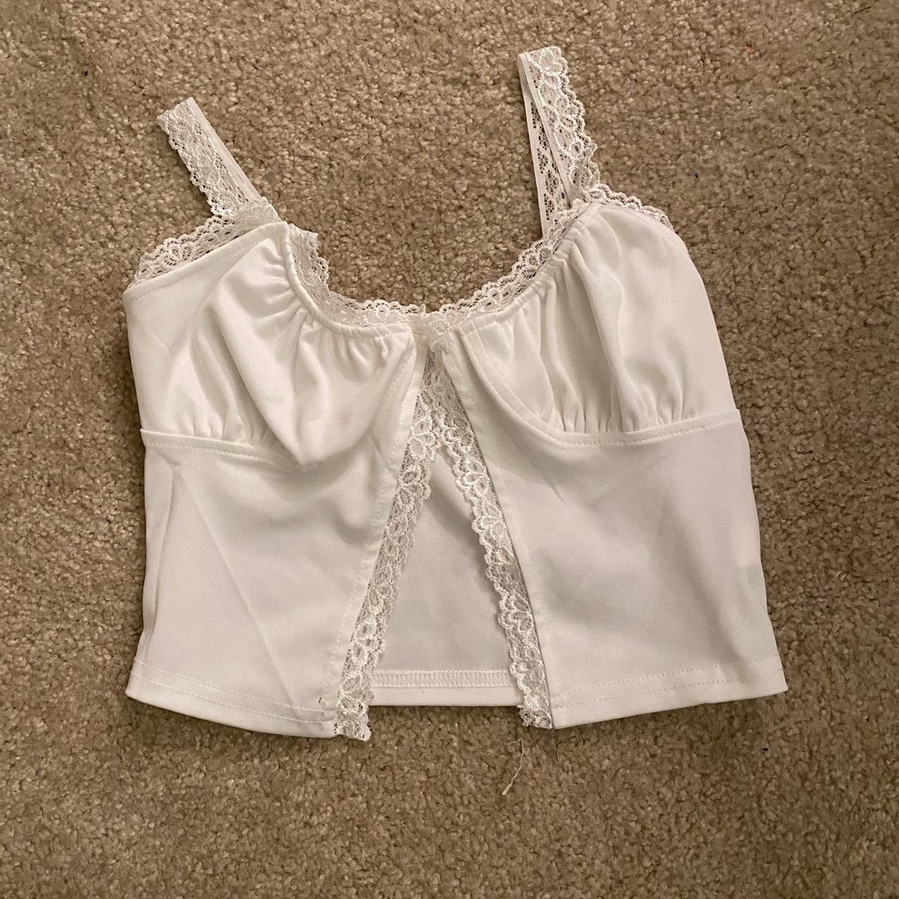 white crop top, split/open down the middle, lace... - Depop