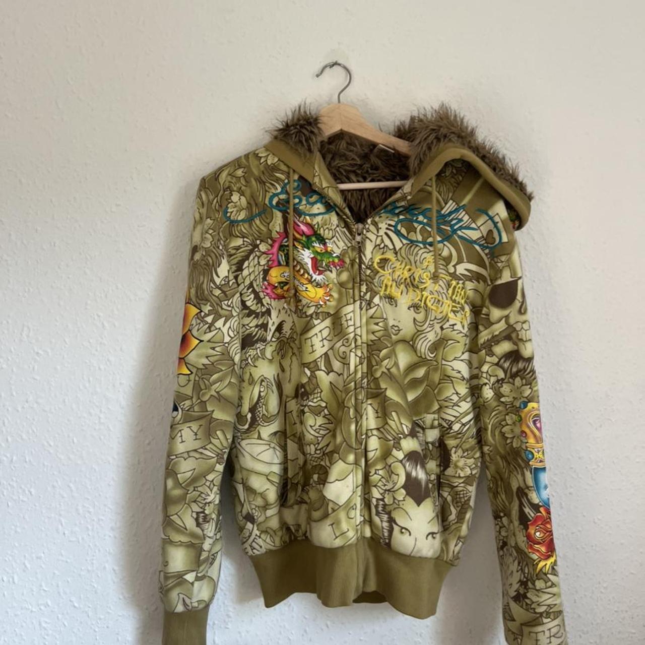 Green Ed hardy hoodie w fur hood :) - Depop