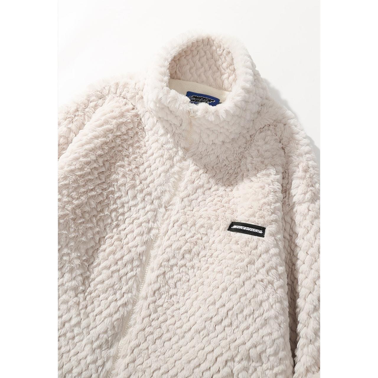 Textured fleece jacket fluffy sports bomber in light... - Depop