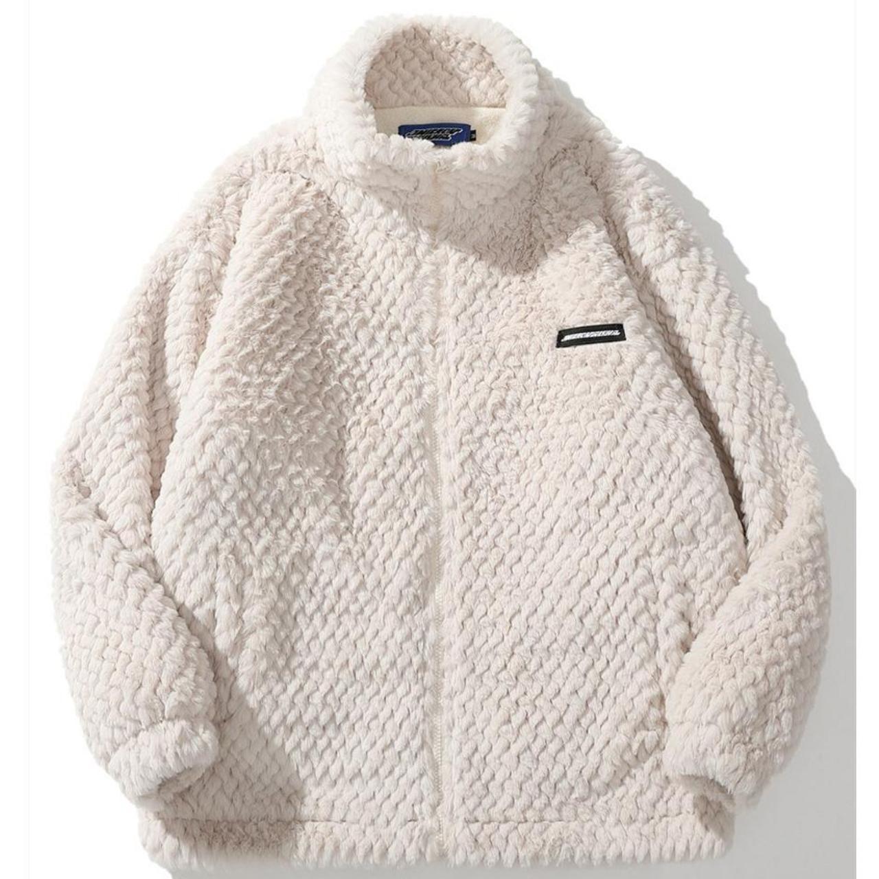 Textured fleece jacket fluffy sports bomber in light... - Depop