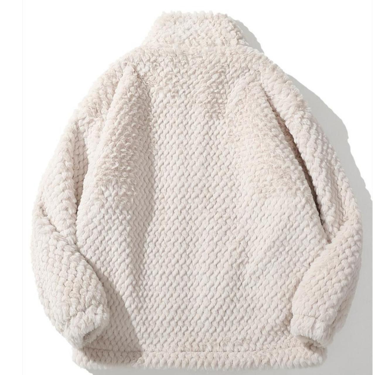Textured fleece jacket fluffy sports bomber in light... - Depop