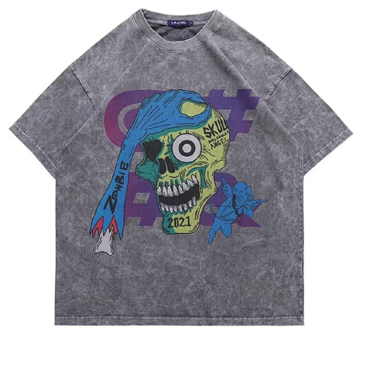 Skeleton print t-shirt Y2K tee crazy skull top in... - Depop