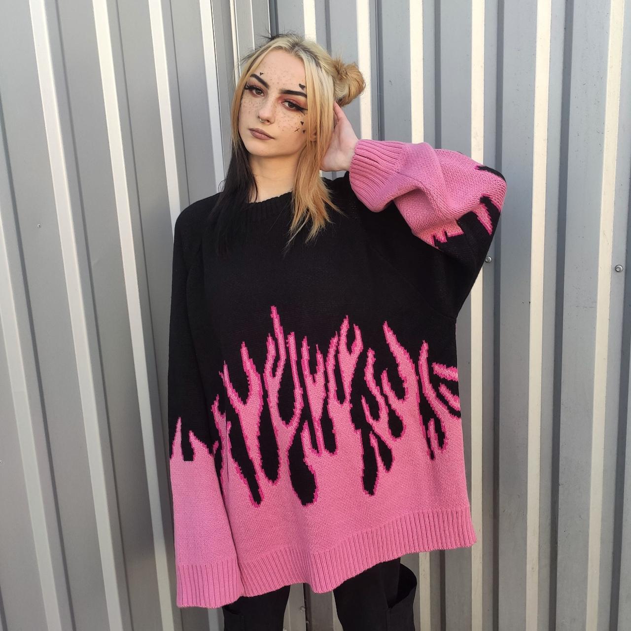 Unisex loose boxy fit knitted flame sweater fire... - Depop