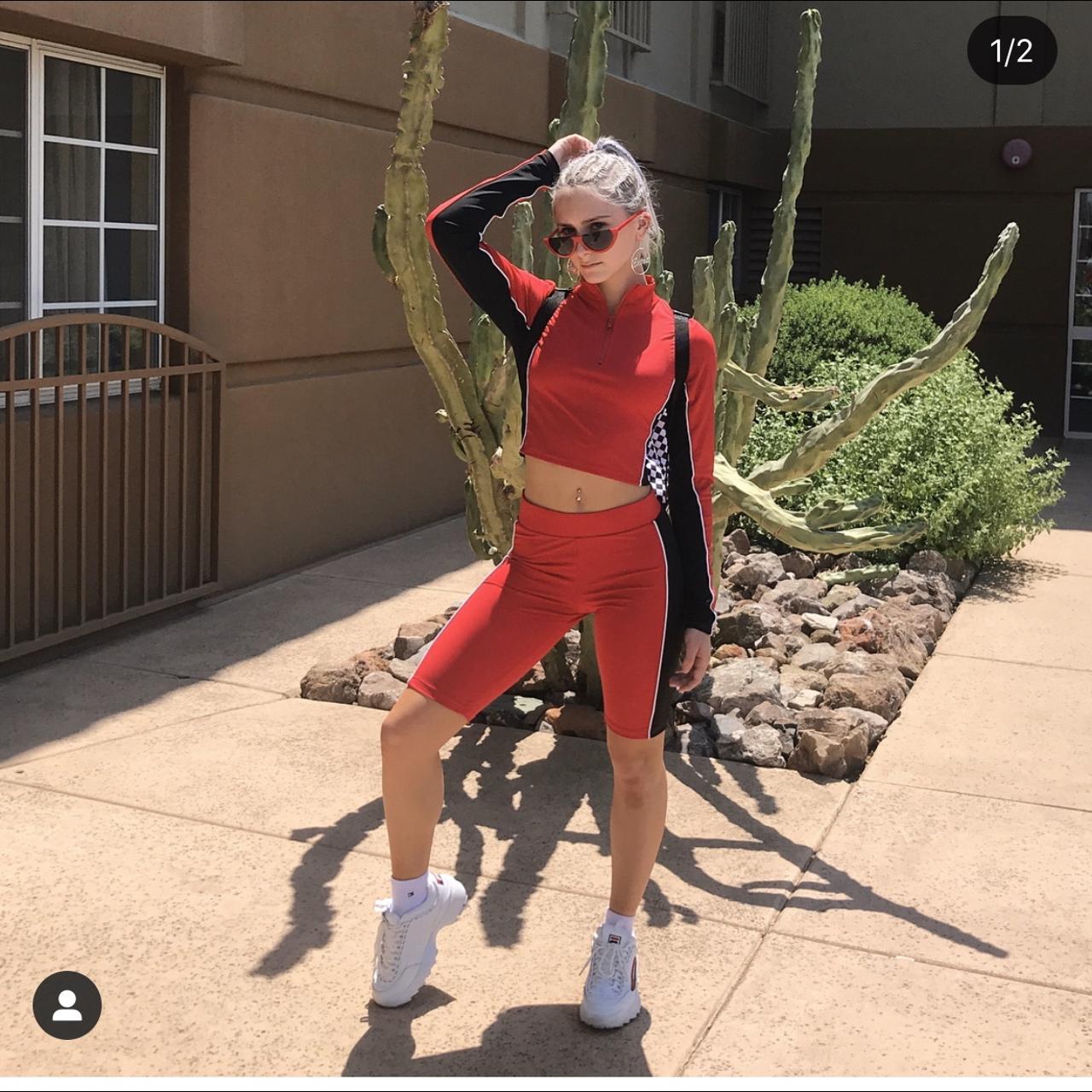 SET - Factorie red / black Lycra set with long... - Depop