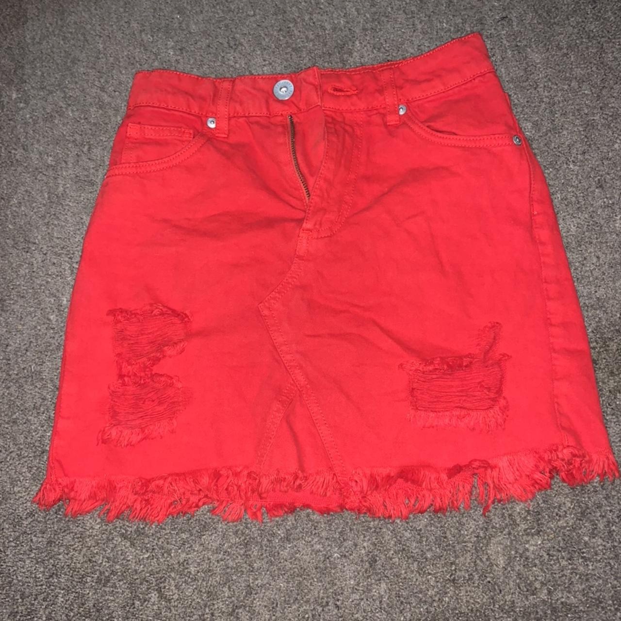 Red denim skirt Worn once XS - Depop