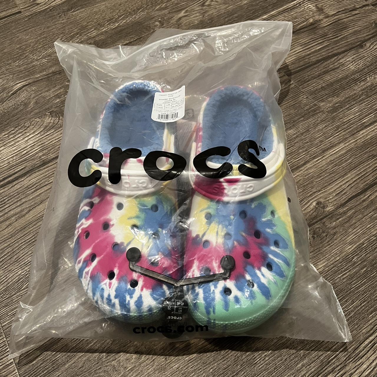 These cute tie-dye furry Crocs have never been worn... - Depop