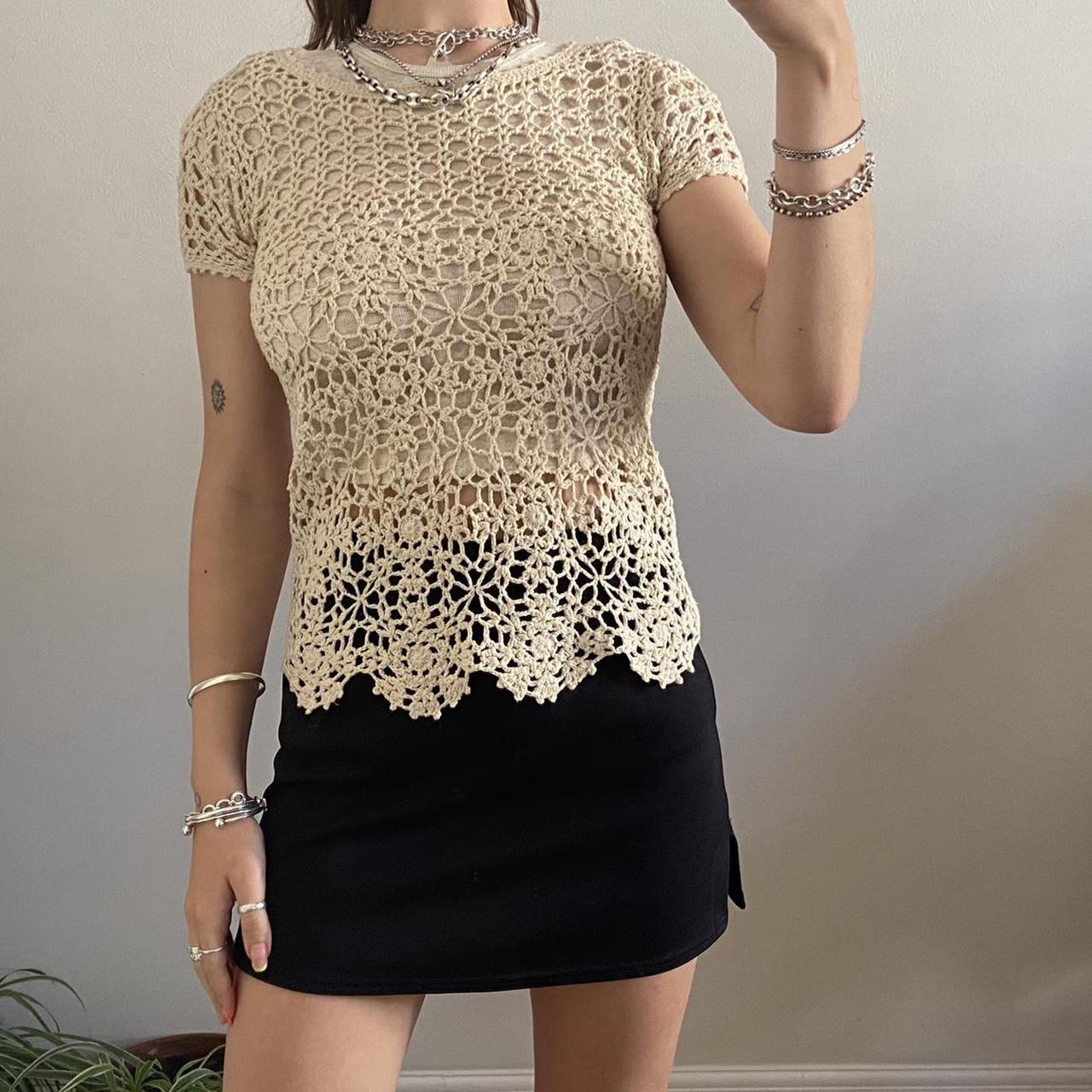 cream crochet top 00s beige crocheted t shirt no... - Depop