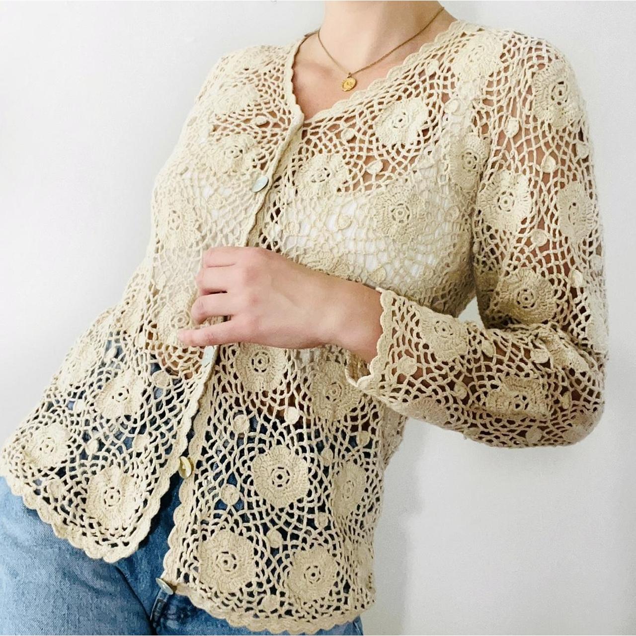 crochet cardigan Vintage cream colored crochet... - Depop