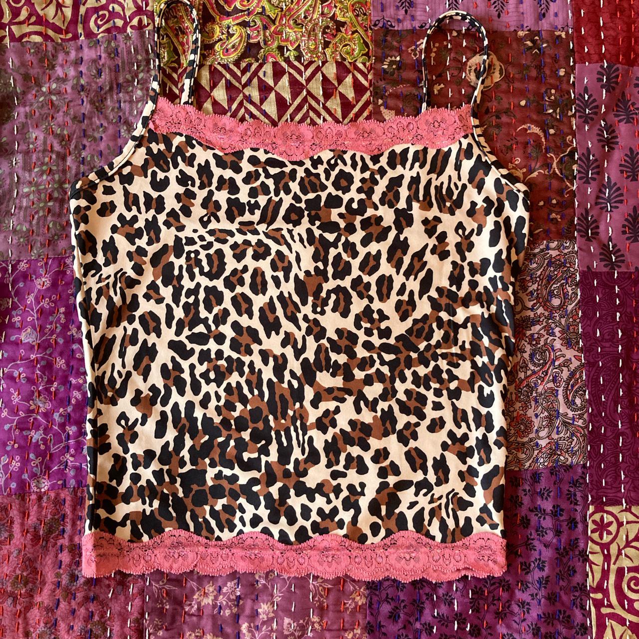 y2k leopard print spaghetti strap cami with pink... - Depop