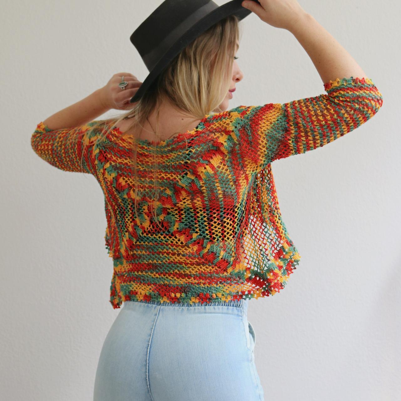 1990's Brightly colored cardigan in women's size... - Depop