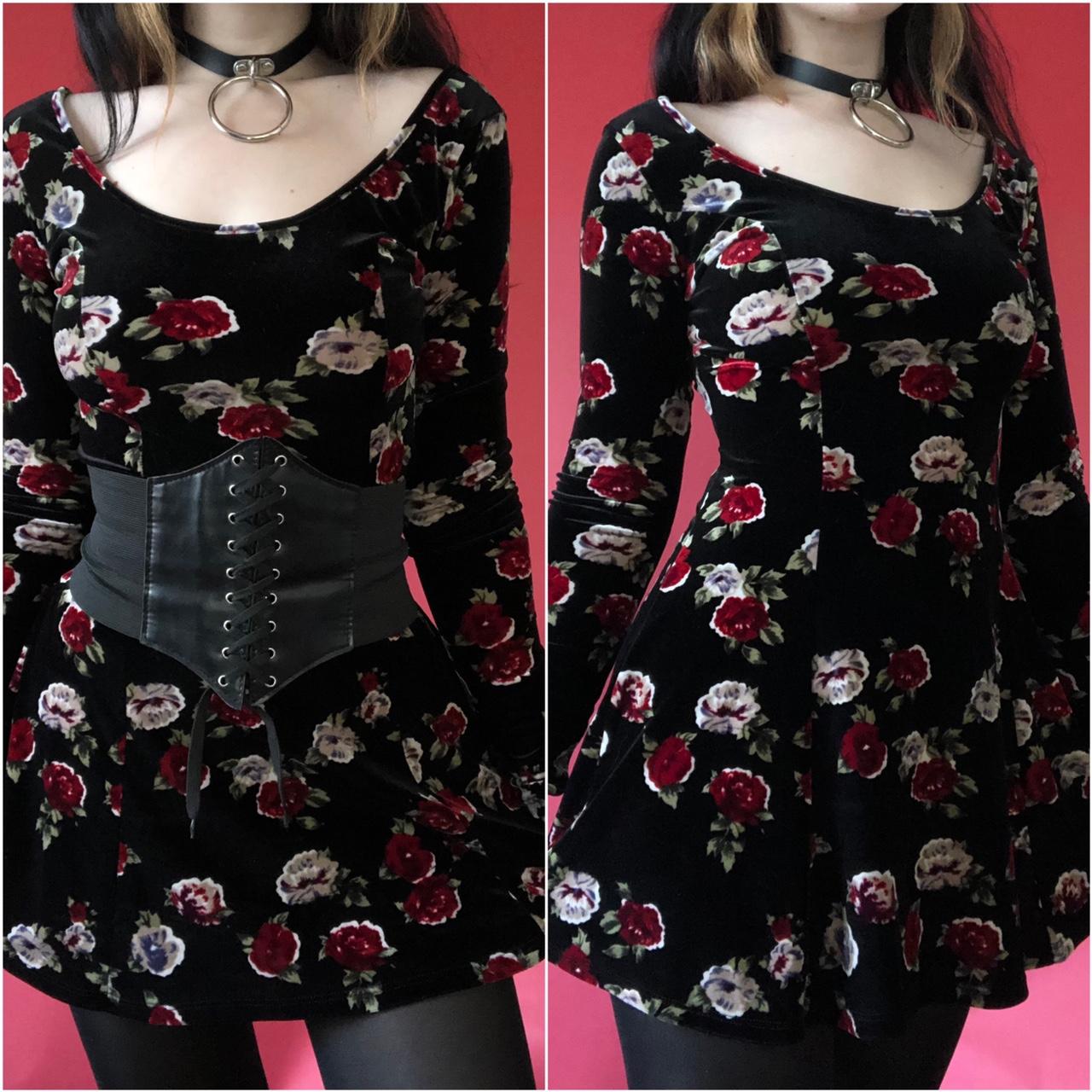 Super cute velvet dress with floral pattern! Size... - Depop