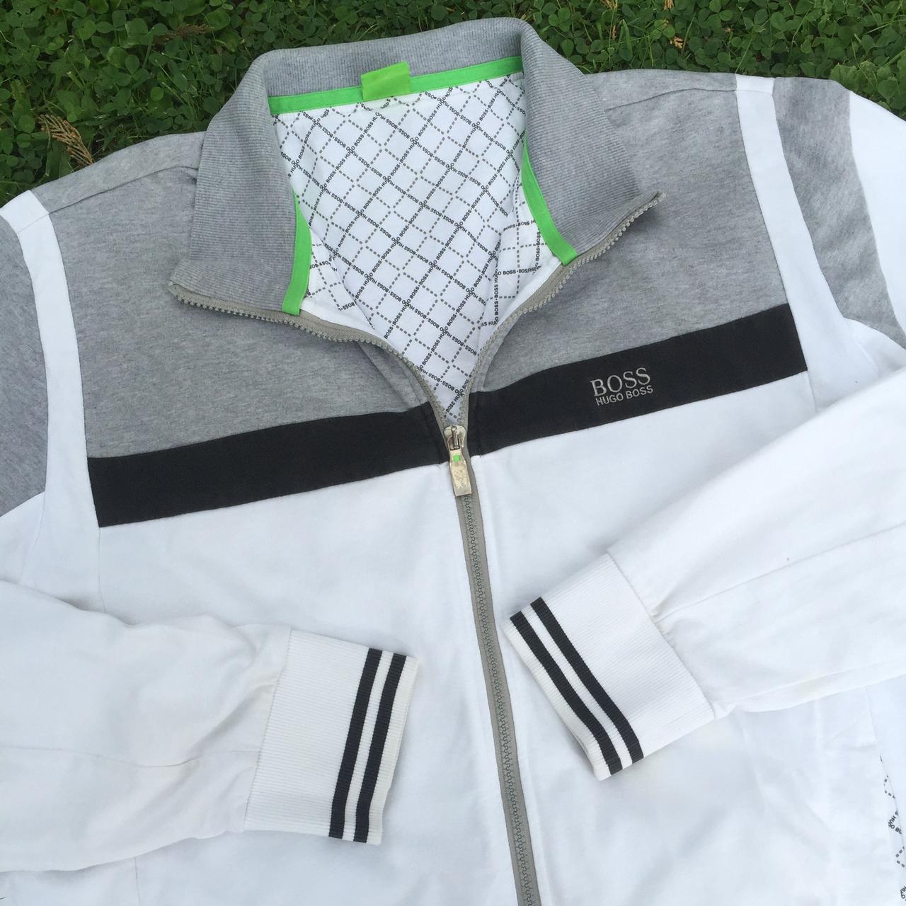 Vintage Hugo Boss jacket White grey black with... - Depop