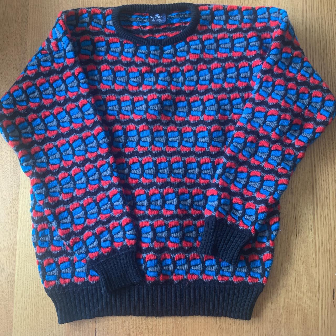 Retro Vibrant Red & Blue Textured SOVRANO Knitted... - Depop