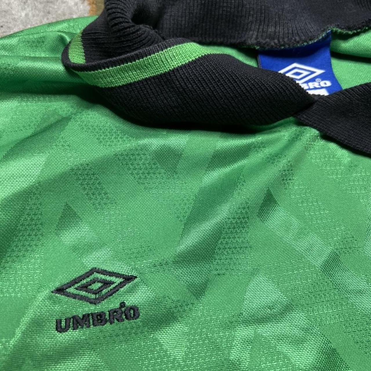 Vintage Umbro Soccer Jersey Long Sleeve 1990s Green... - Depop