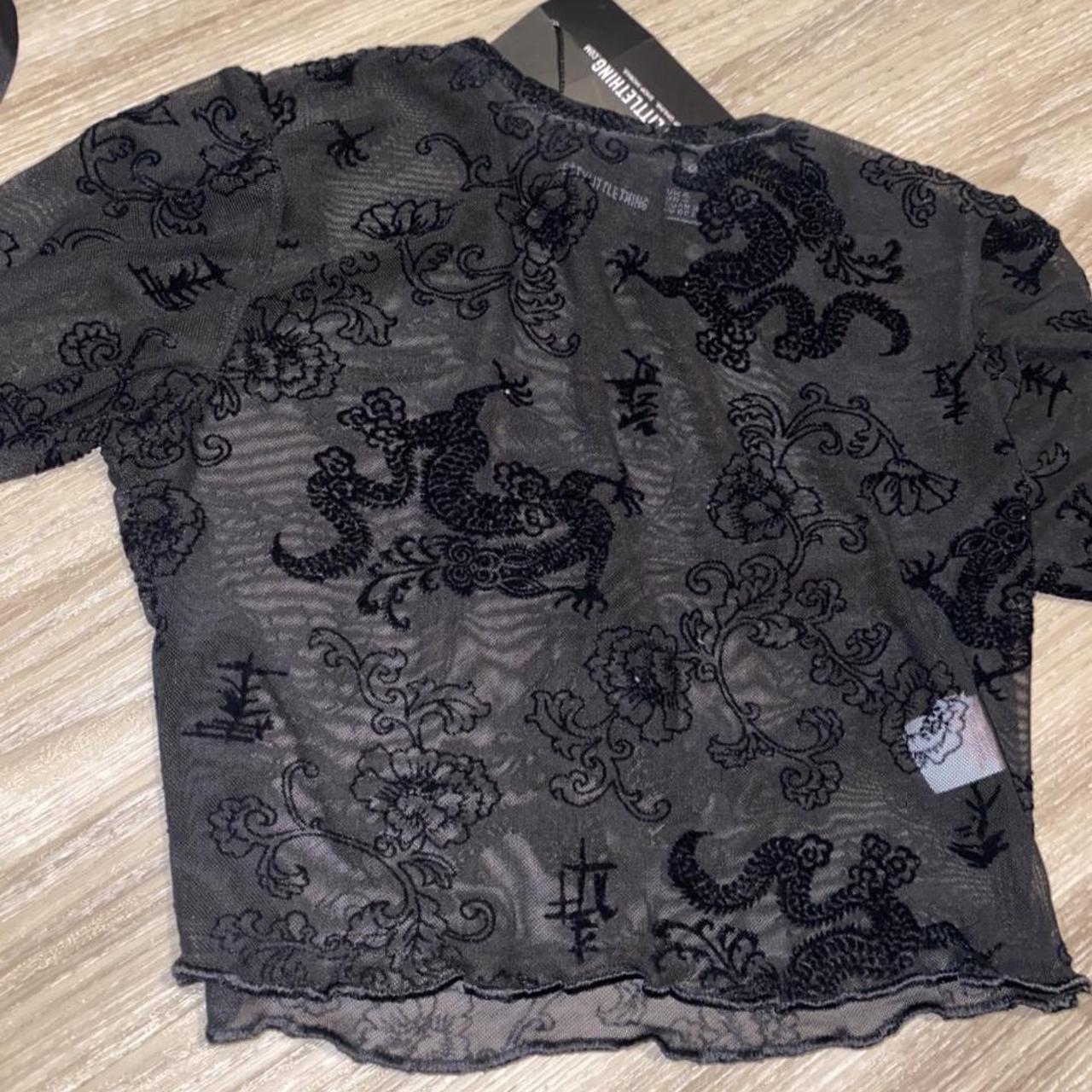 Black mesh dragon print long sleeved cropped top.... - Depop