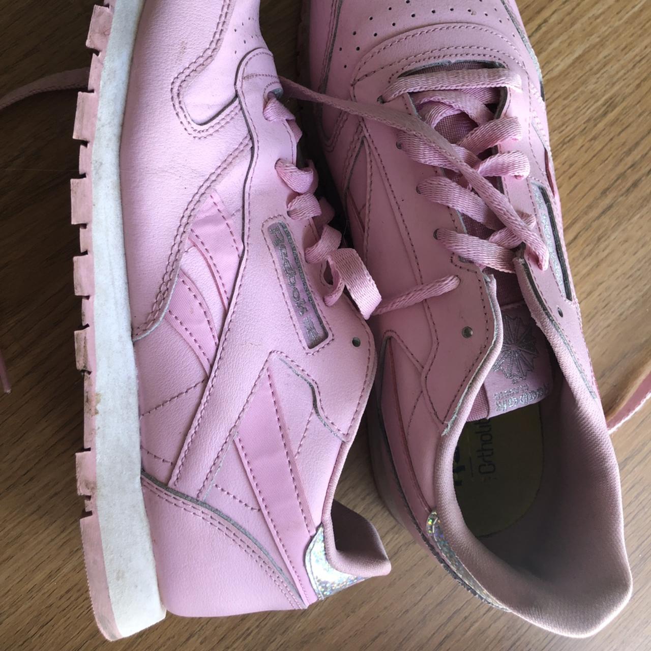 Hardly worn pink & silver Reebok trainers - Depop