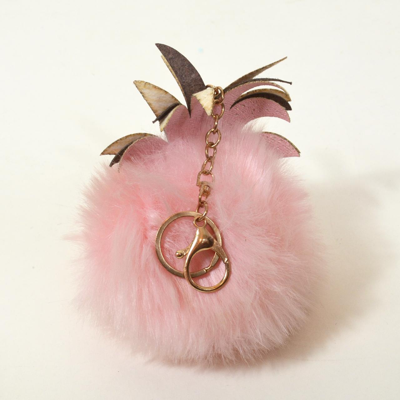 Baby pink fluffy fur ball pineapple keychain, the... - Depop