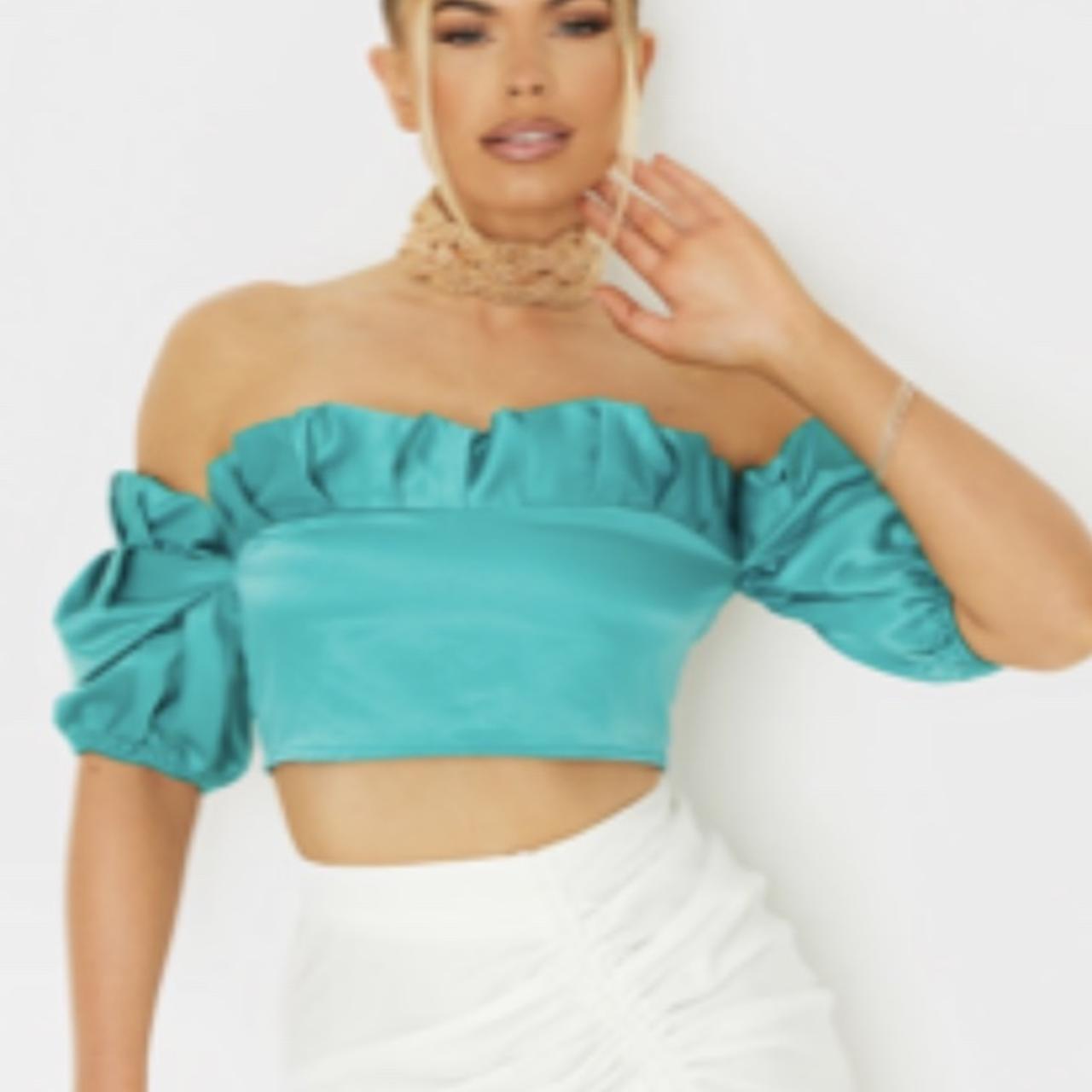 Teal Satin Frill Top Edge Puff Sleeve Crop Top... - Depop