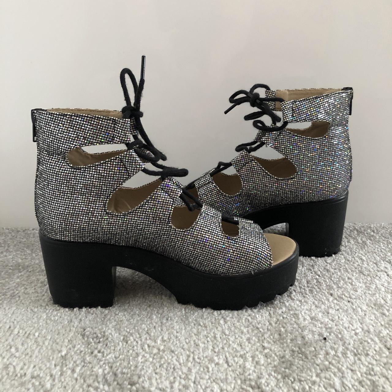 Iridescent platform boots with lace up front and zip... - Depop