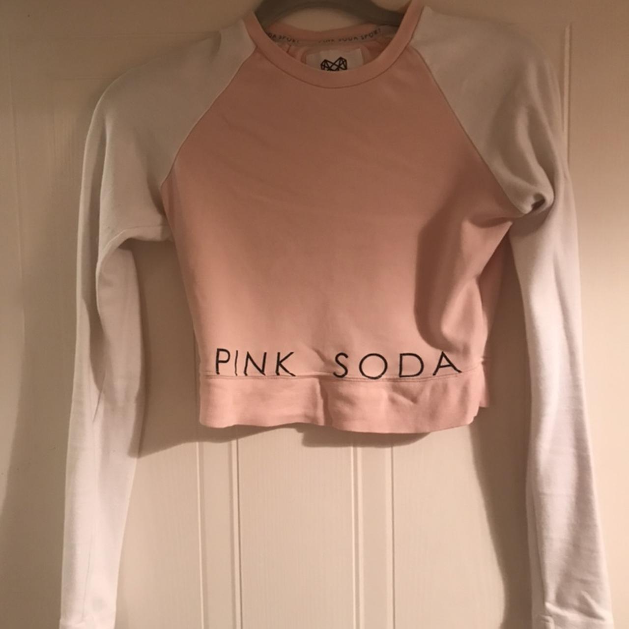 Pink soda long sleeve crop top baby pink and white... - Depop