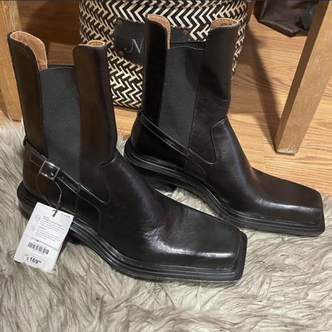 Zara Black leather square toe boots Elastic panel... - Depop