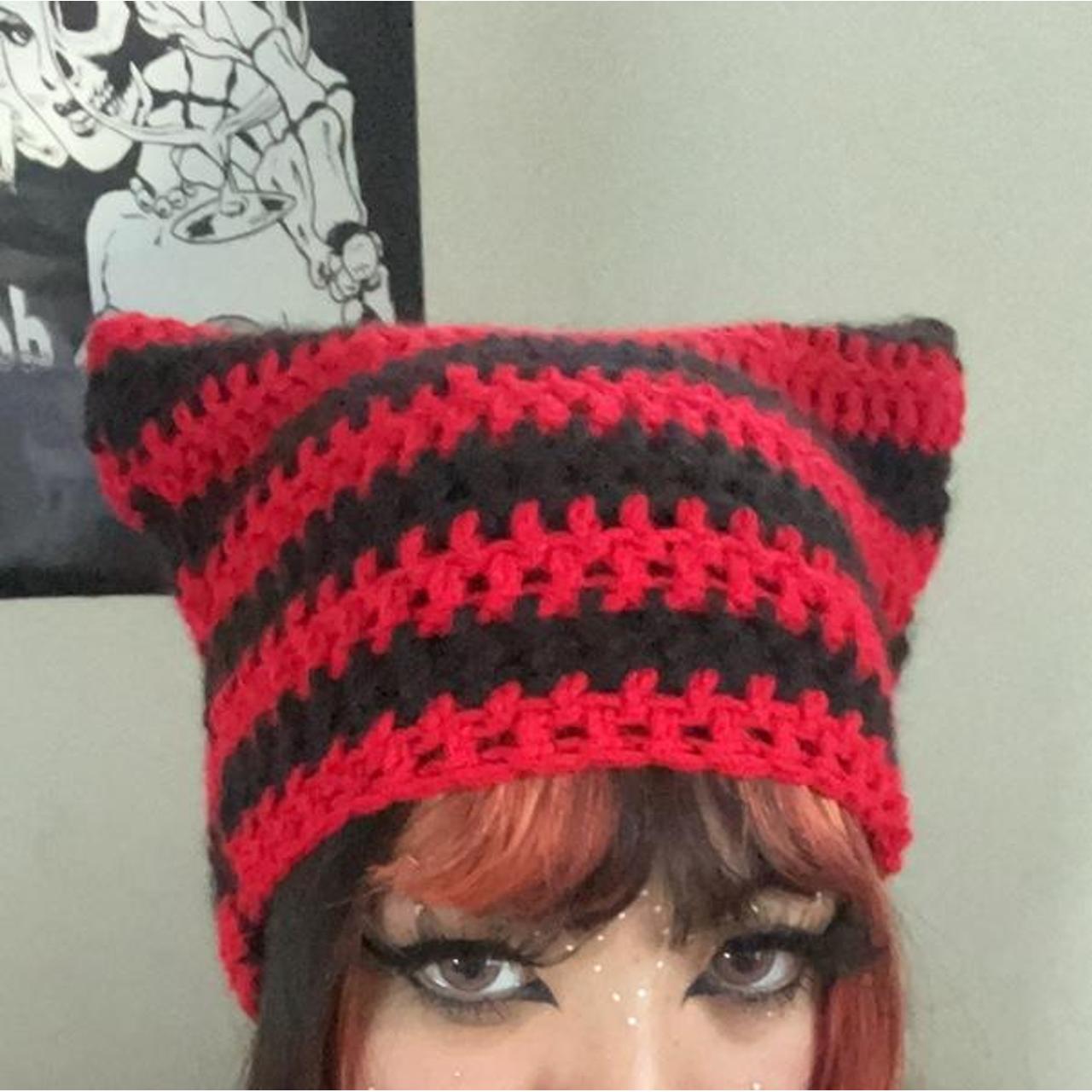 🖤Red and Black♥️ Stripped Crocheted cat beanie DM... - Depop
