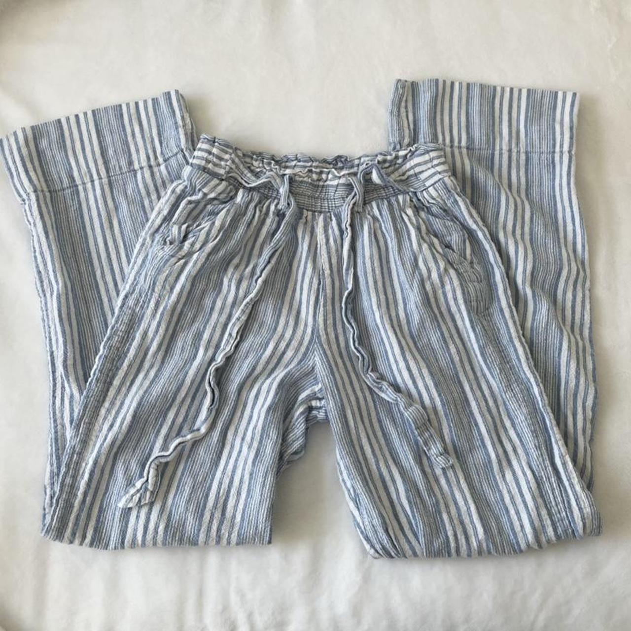 white and blue striped paper bag linen pants size M,... - Depop