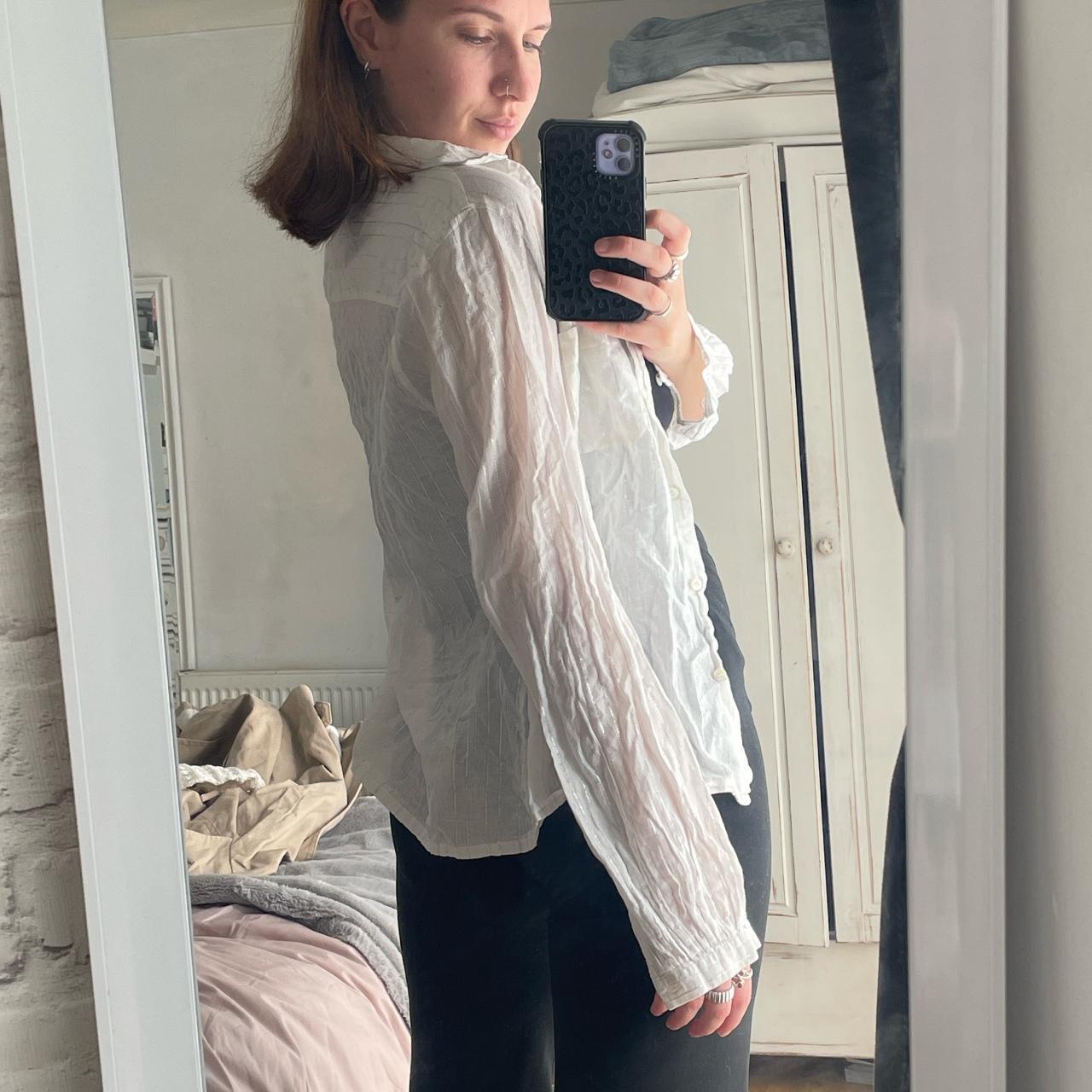 Jaeger White sheer shirt with sparkly lines. So cute... - Depop