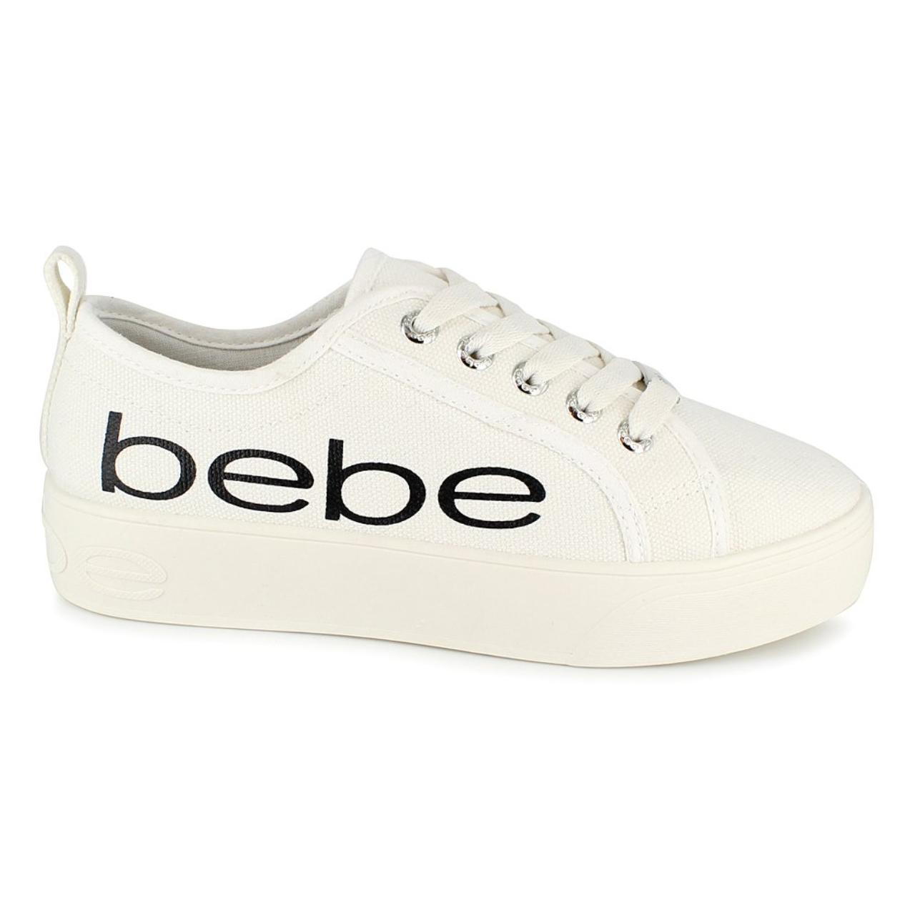 BEBE White Canvas Black Logo Platform Shoes Sneakers... - Depop