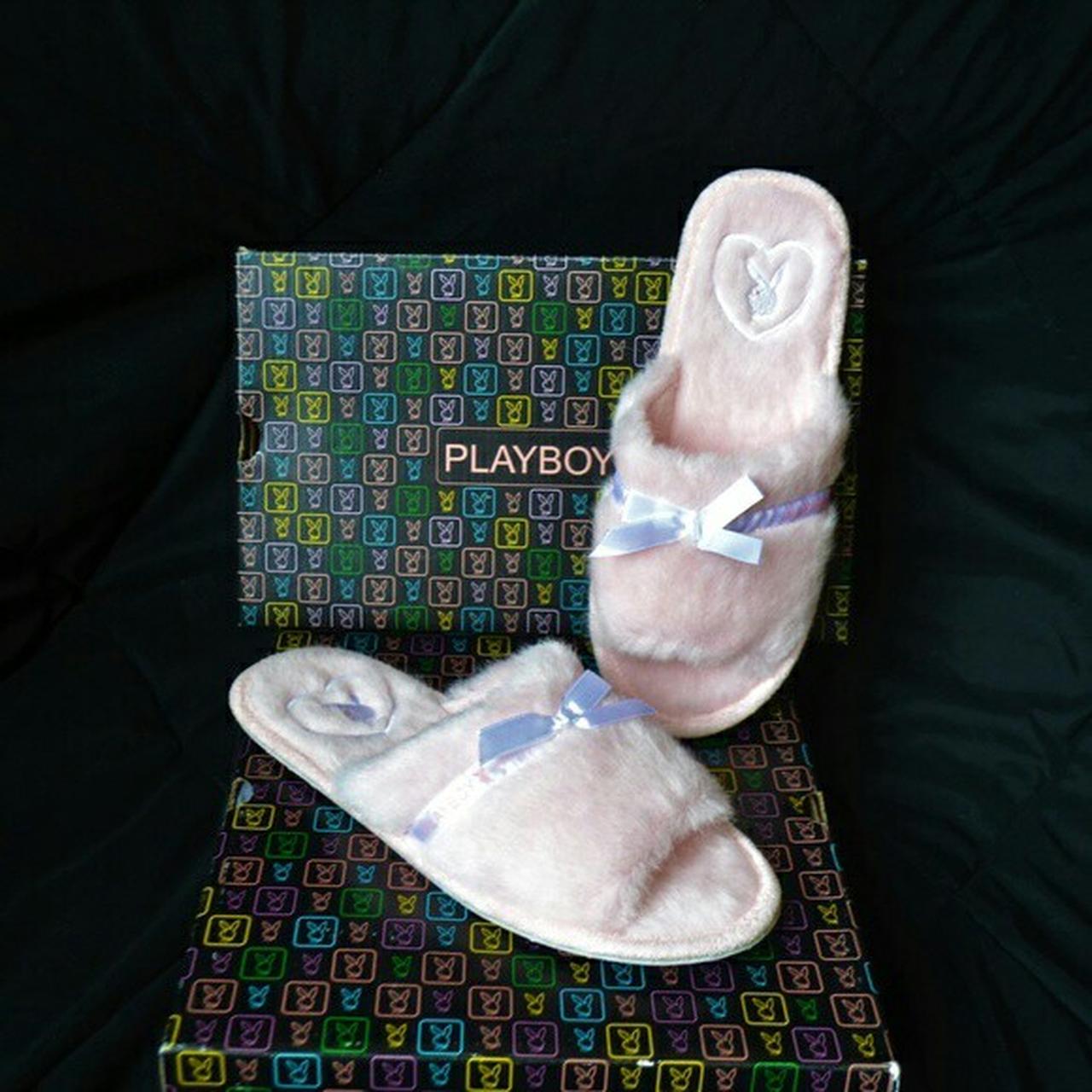 PLAYBOY Trina Pink Fuzzy Satin Bow Slippers Shoes... - Depop