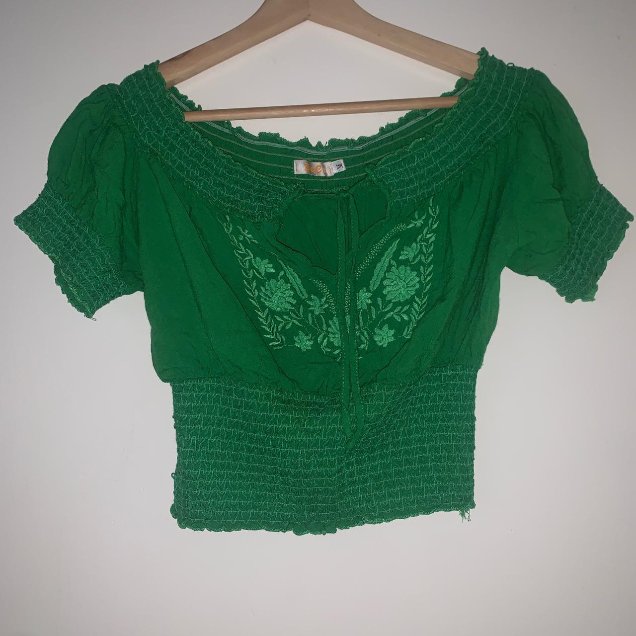 Ruffle crop top Floral design Stitching on chest... - Depop