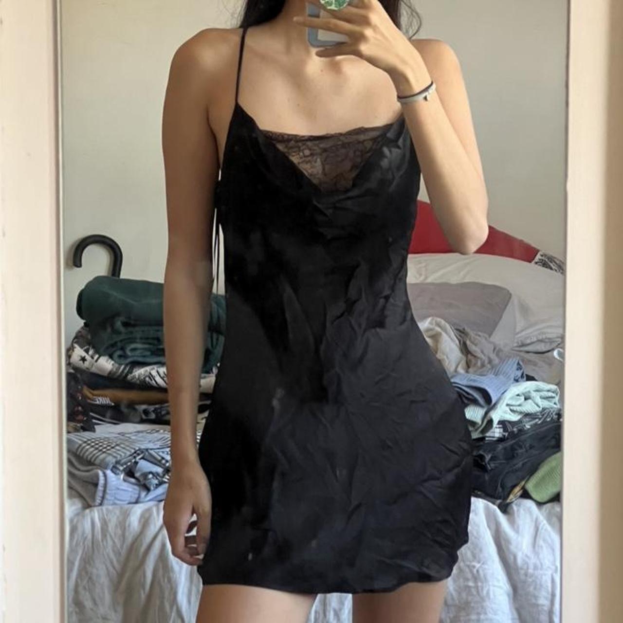 XS satin slip dress with lace insert, cross back - Depop