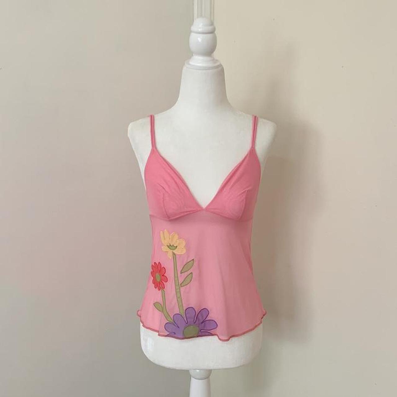 victoria secret reworked pink floral mesh cami... - Depop