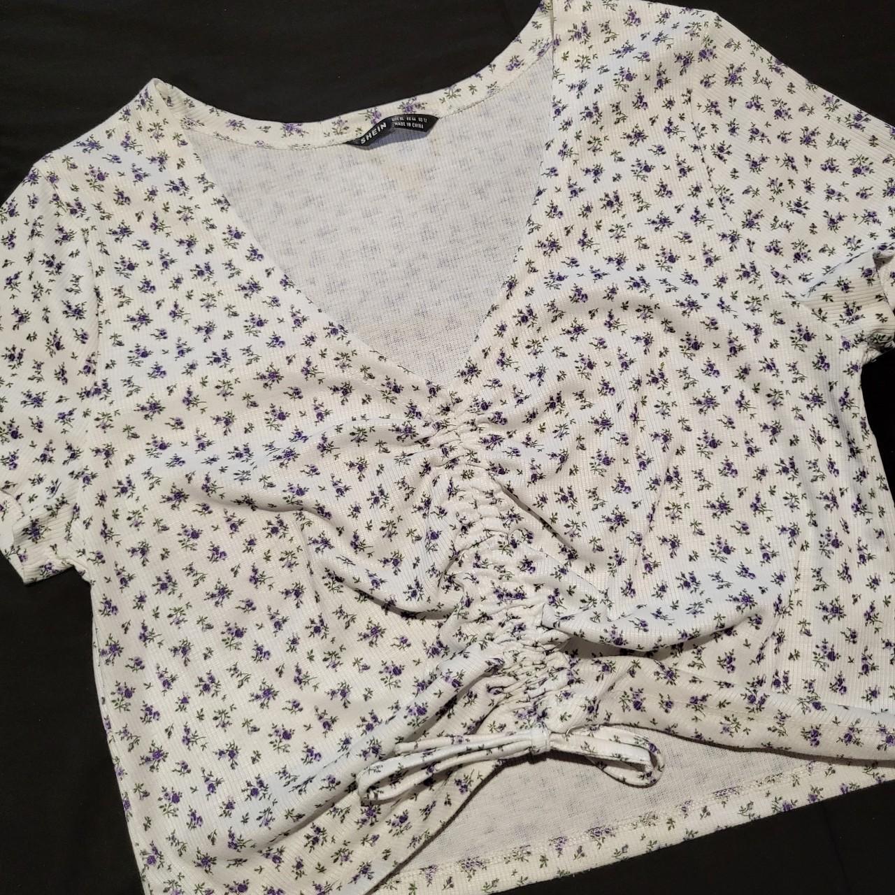 Drawstring front ditsy floral short sleeve crop top.... - Depop