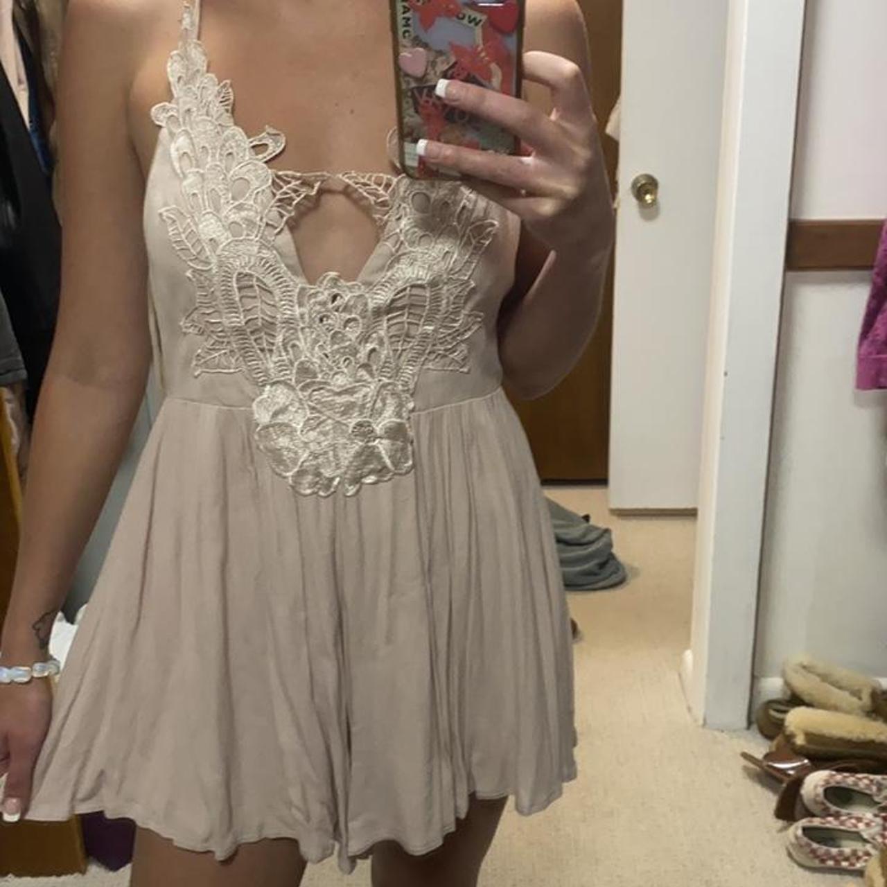 LF light pink romper with lace Worn once, so cute &... - Depop