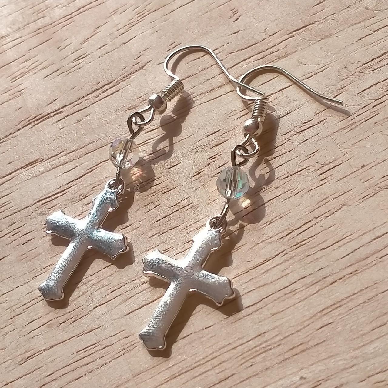 Handmade silver cross earrings with translucent... - Depop