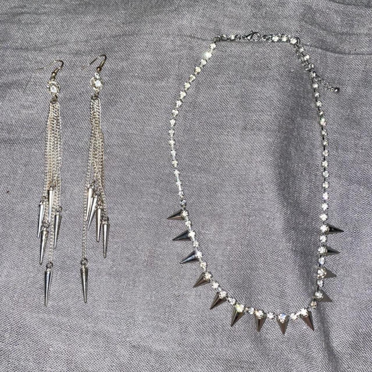 Silver Spiked Jewelry Set #spikes #silver #rhinestone - Depop